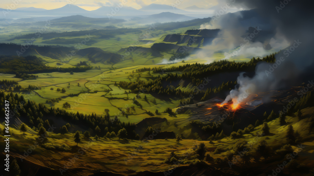 Dangerous fire in the field landscape. Disaster flame with heat and ...