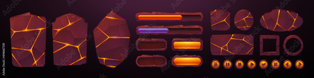 Lava stone ui game frame and volcanic button vector. Volcano eruption ...