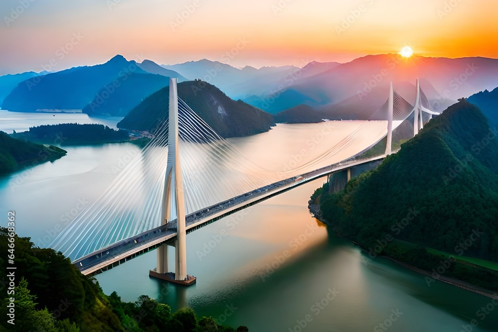An aerial view of the Yachi River Bridge, one of the longest cable ...
