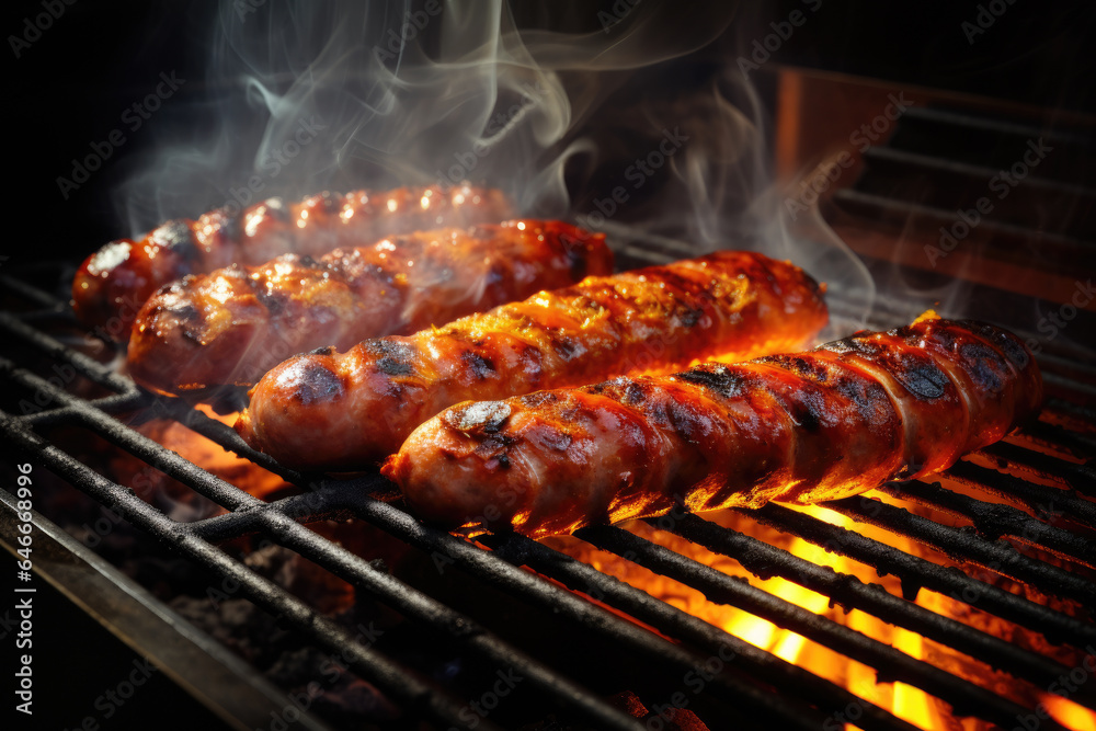 Mouthwatering image of hot dogs sizzling on grill, with smoke billowing ...