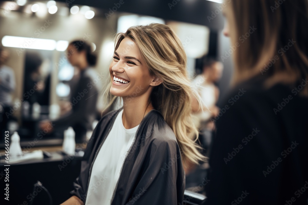 Beautiful blonde model woman in the hairdresser salon gets a new ...