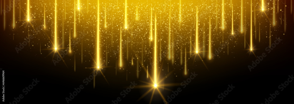 Golden star rain on black background. Vector realistic illustration of ...