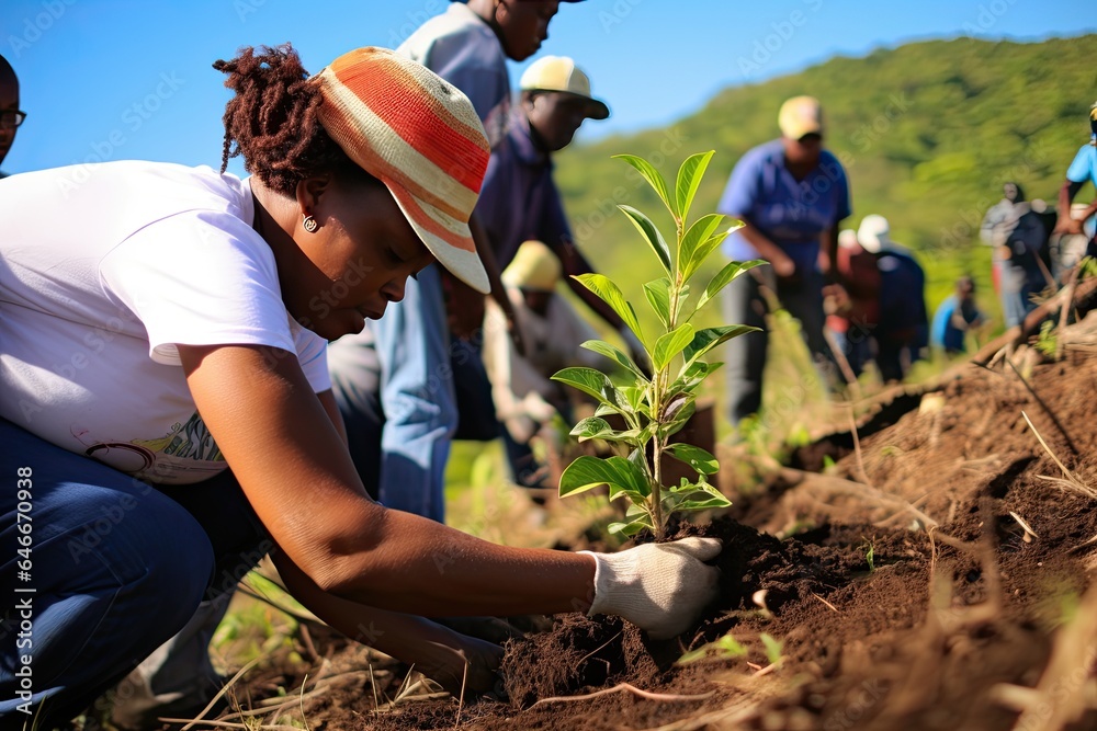 Group of jamaican people planting trees. Sustainability concept Stock ...