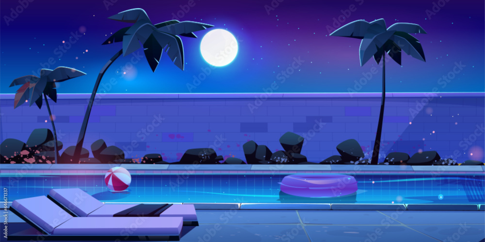 Night swimming pool at tropical summer resort. Vector cartoon ...