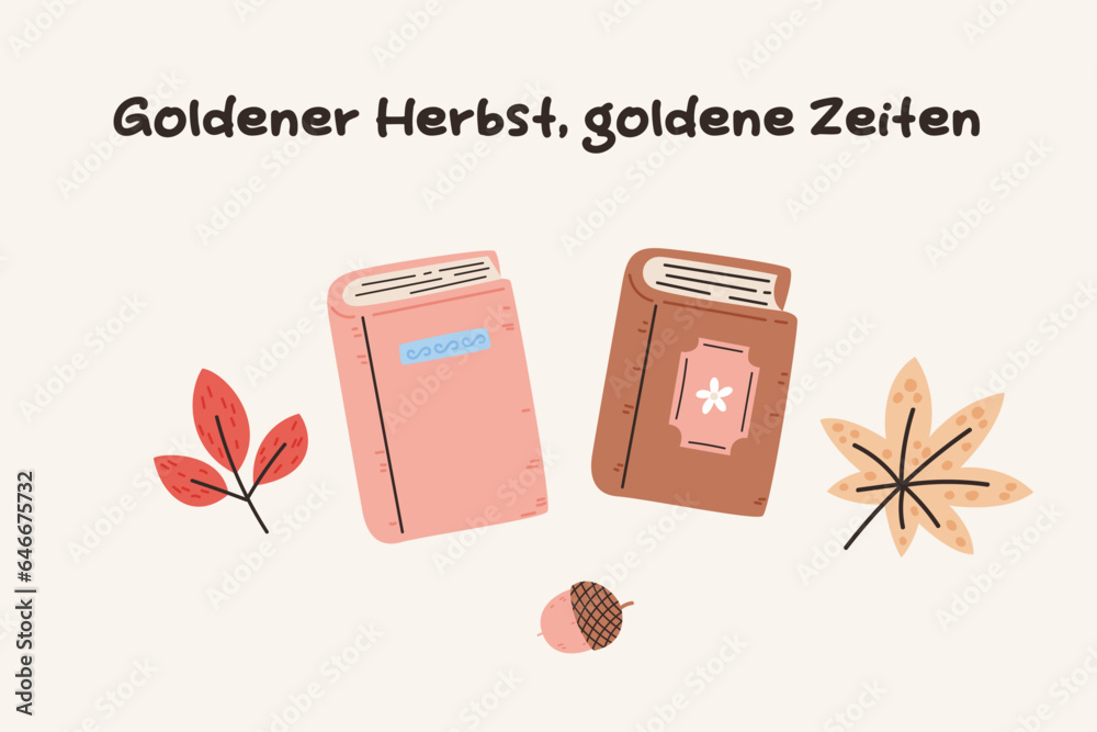 Fall seasonal card design. German autumn lettering with books and ...