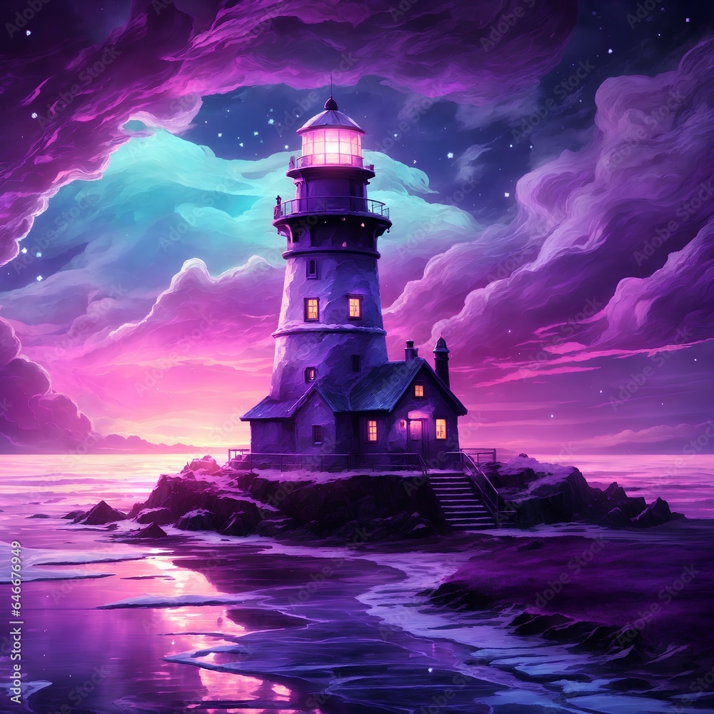 beautiful purple background lighthouse with attractive light and ...