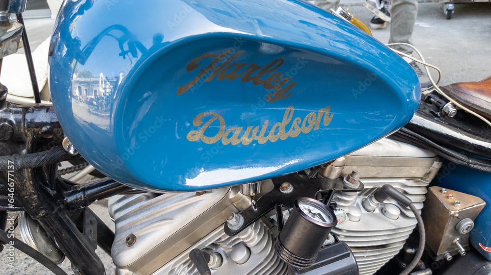 harley davidson logo text and brand sign on custom chopper retro fuel ...