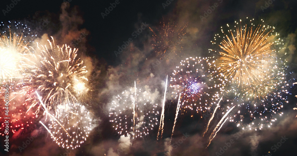 Colorful firework in night time to celebrate national holiday ...