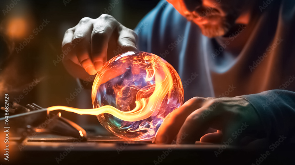 Glass blower forming beautiful piece of glass. A glass crafter is ...