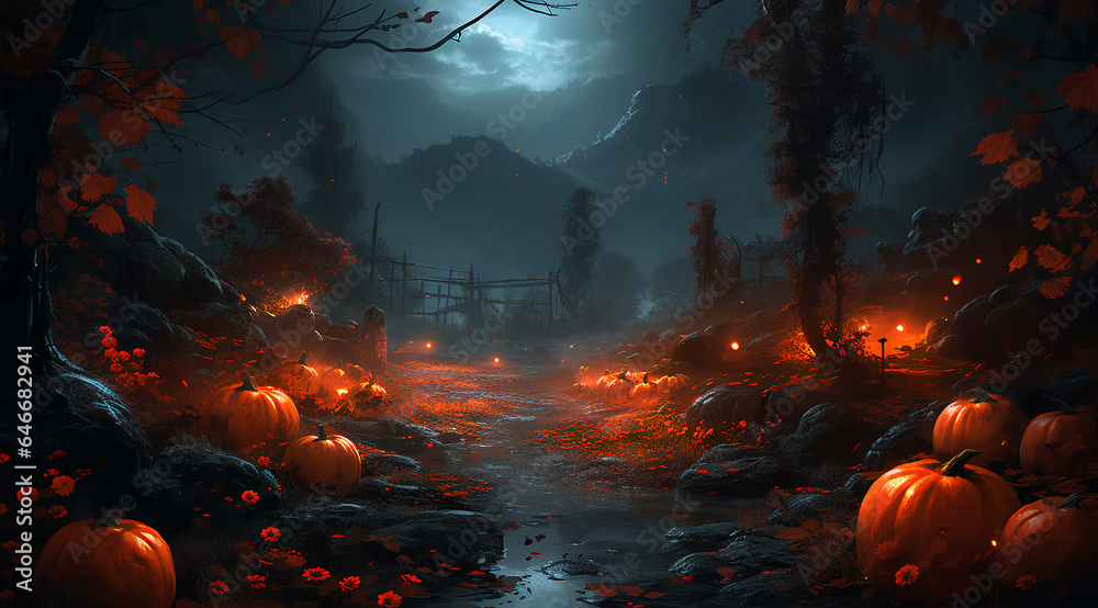 halloween, pumpkin, moon, night, vector, autumn, bat, tree, house ...