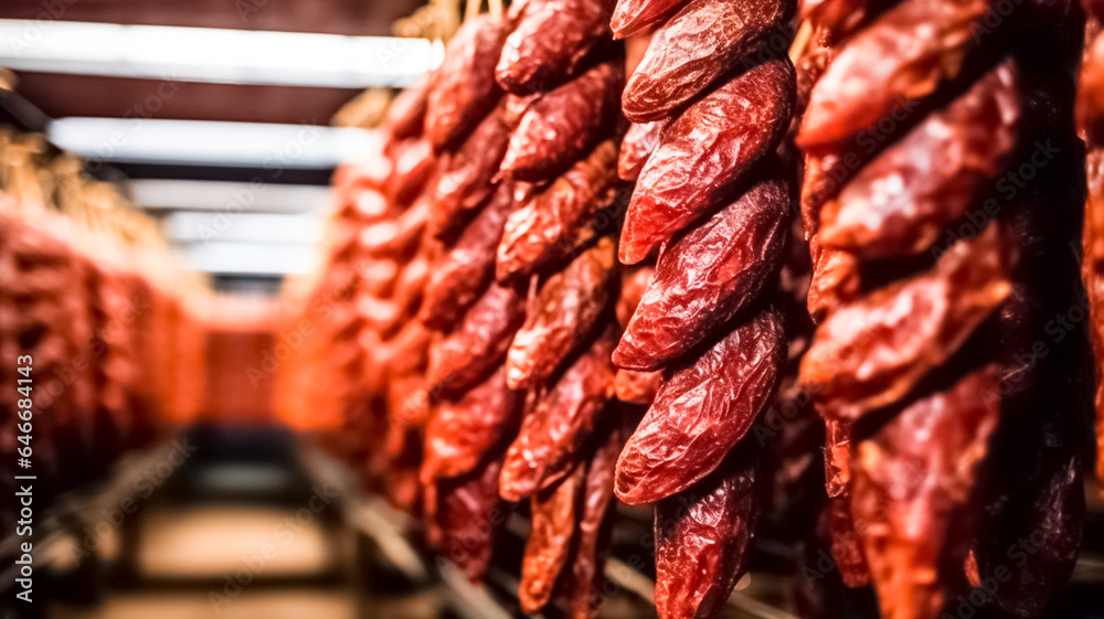 A lot of smoked sausages on the metal shelves of the racks of the meat ...