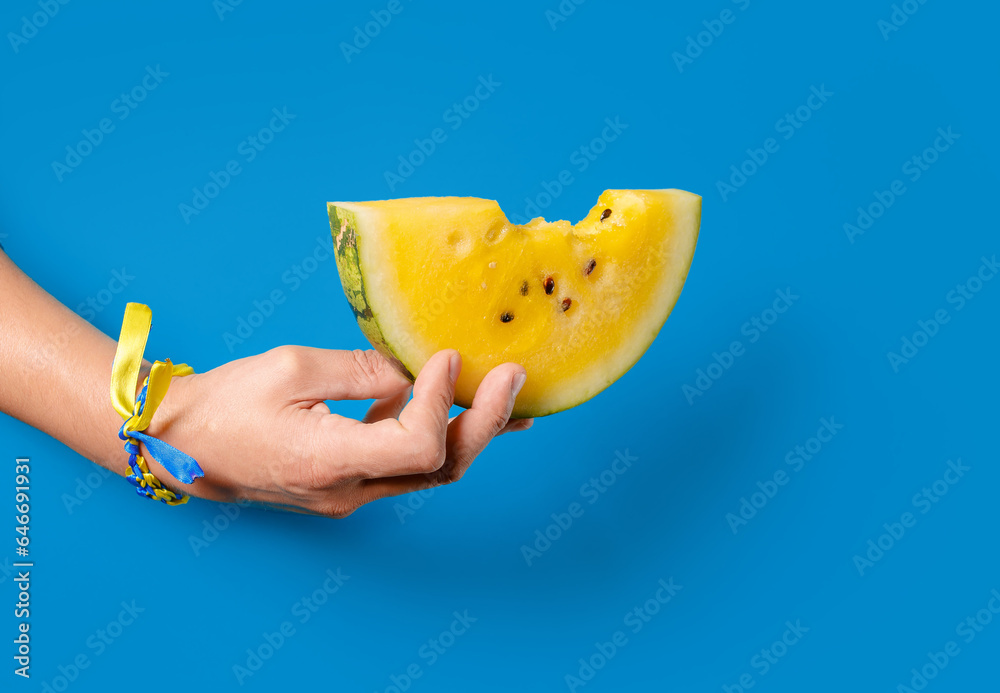 Hand holds a slice of yellow watermelon, as a symbol of Kherson ...