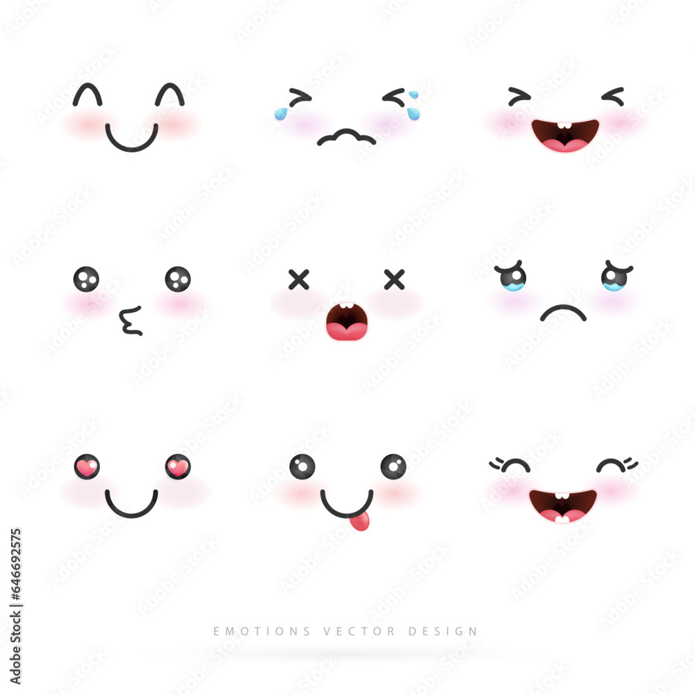 Cartoon emotions cute faces. eyes and mouths japanese emoticon in in ...