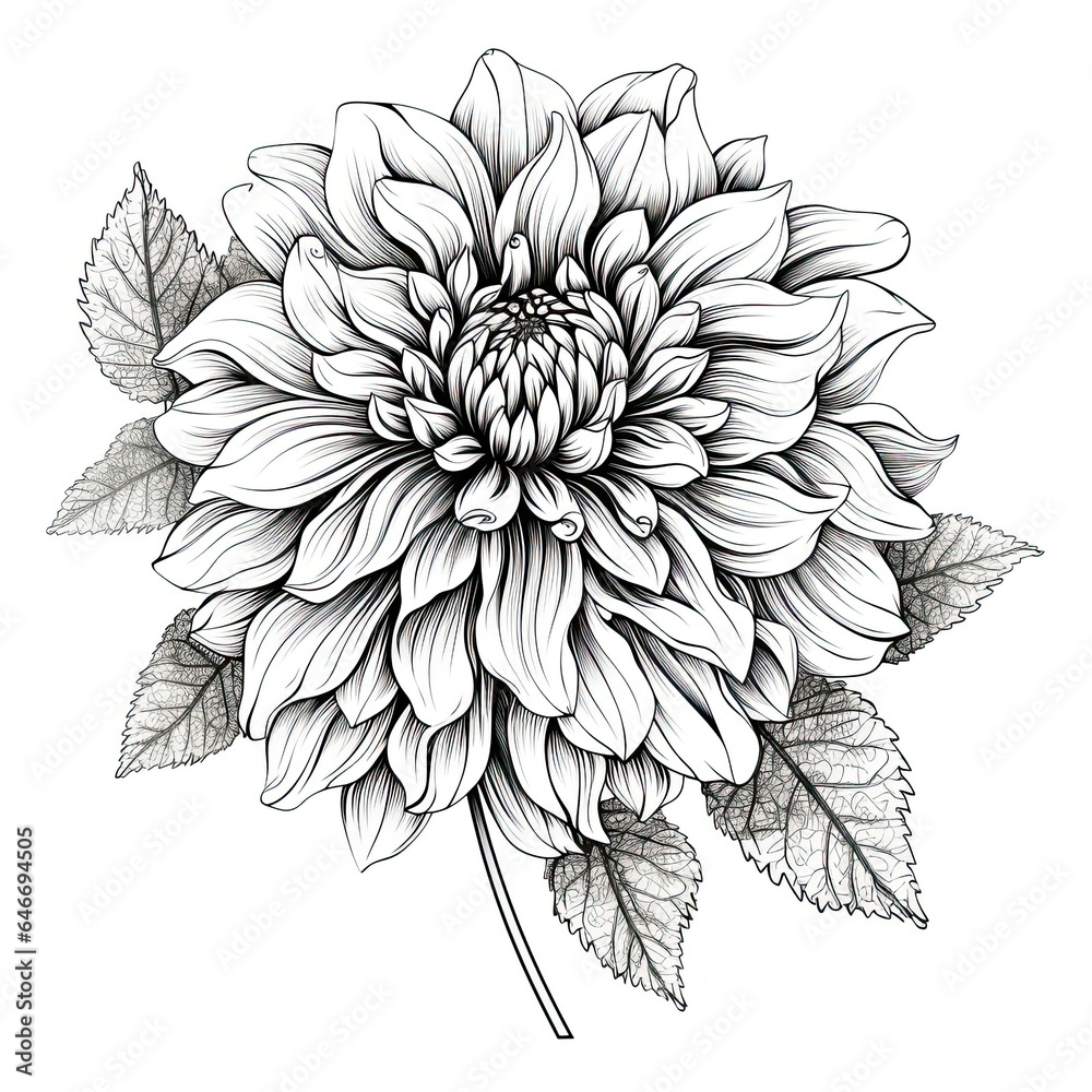 Black and white dahlia flower drawing illustration with line art on ...