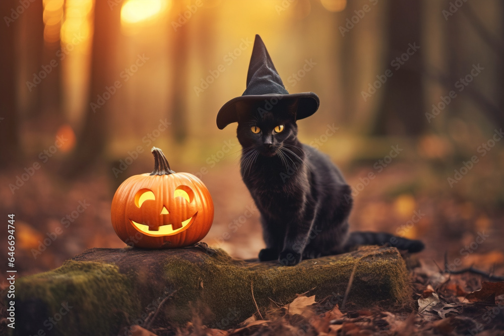 Black cat with Halloween witch costume hat sitting on fallen tree with ...