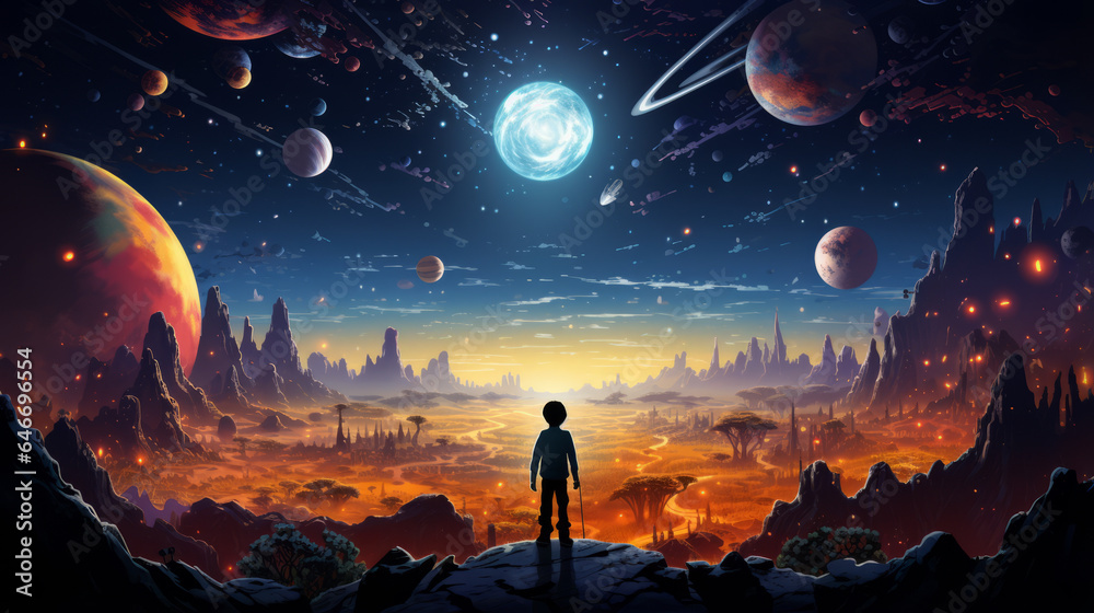 vector art of Children's illustration space, space landscape. wide ...
