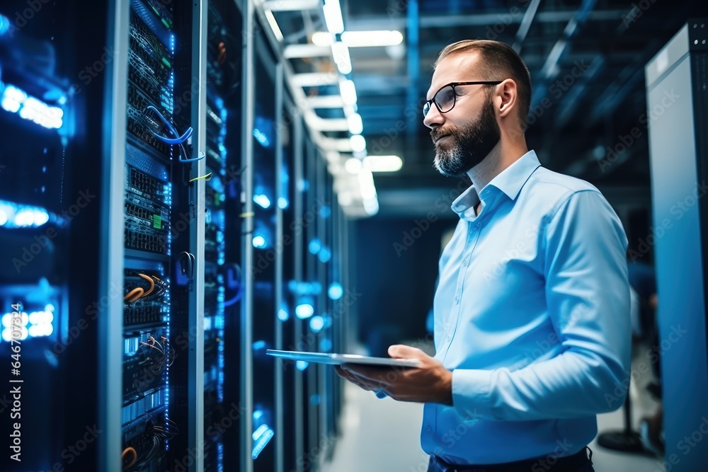 A young woman with a tablet computer stands in the middle of a server ...
