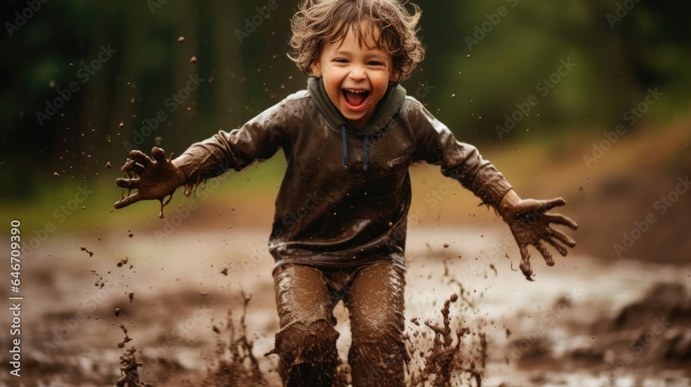 Super excited young child jumping in a puddle of mud outdoors Stock ...