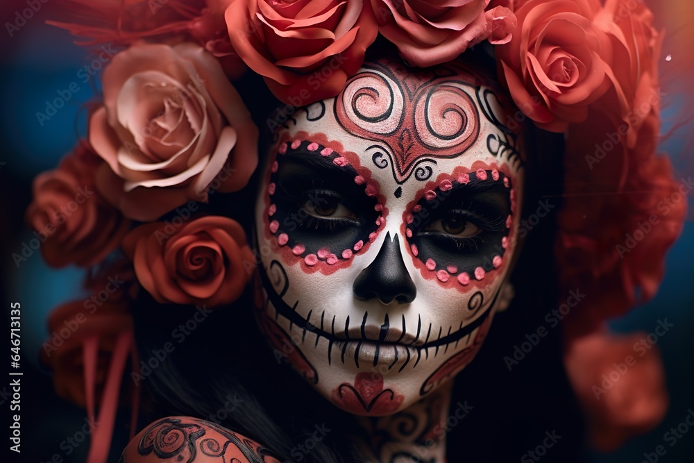Portrait of Mexican beautiful catrina with roses on head Sugar skull ...