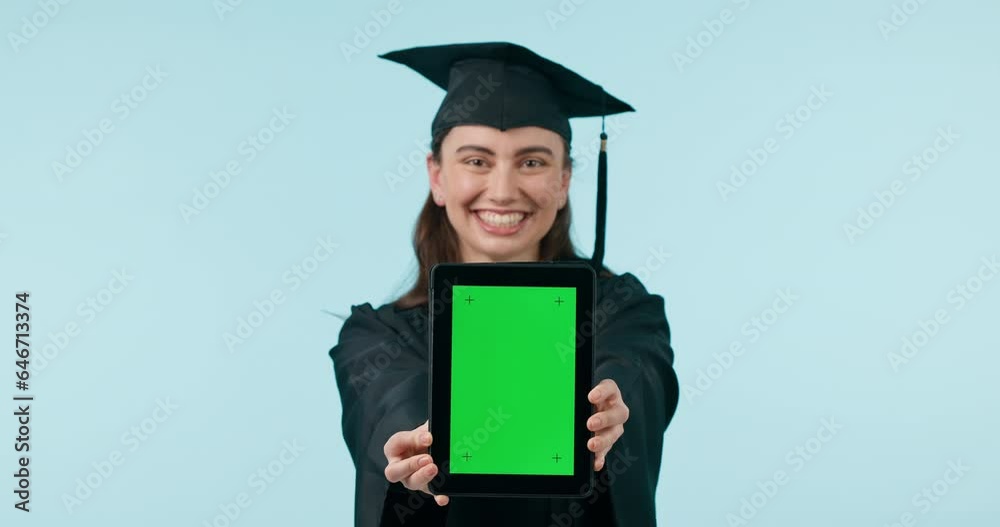 Show, graduation and a woman with a green screen tablet for education ...