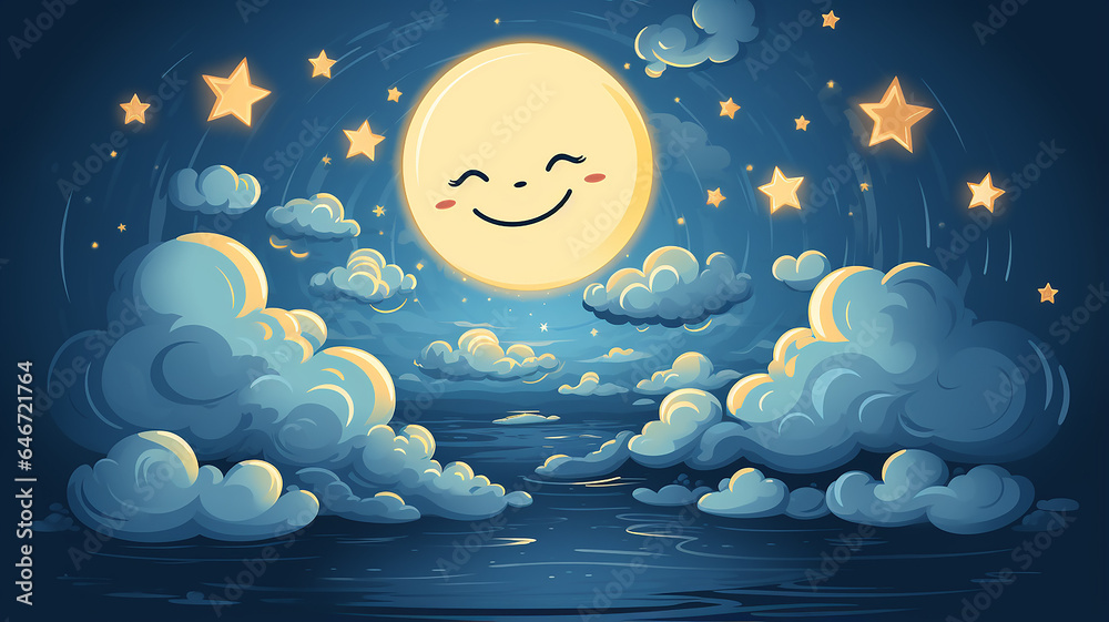 cartoon round moon on blue sky background, art character, good night ...