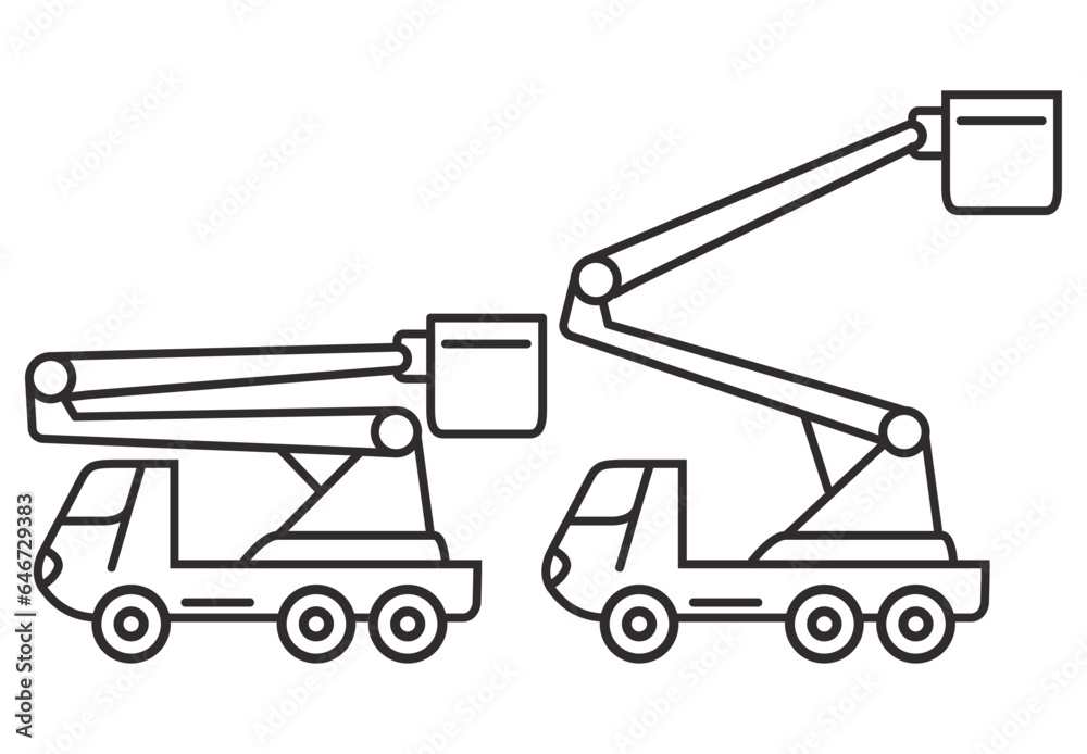 Bucket truck line icon.Bucket boom truck side view.Aerial platform ...