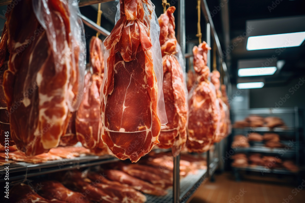Meat processing plant. Raised meat for further processing in the ...
