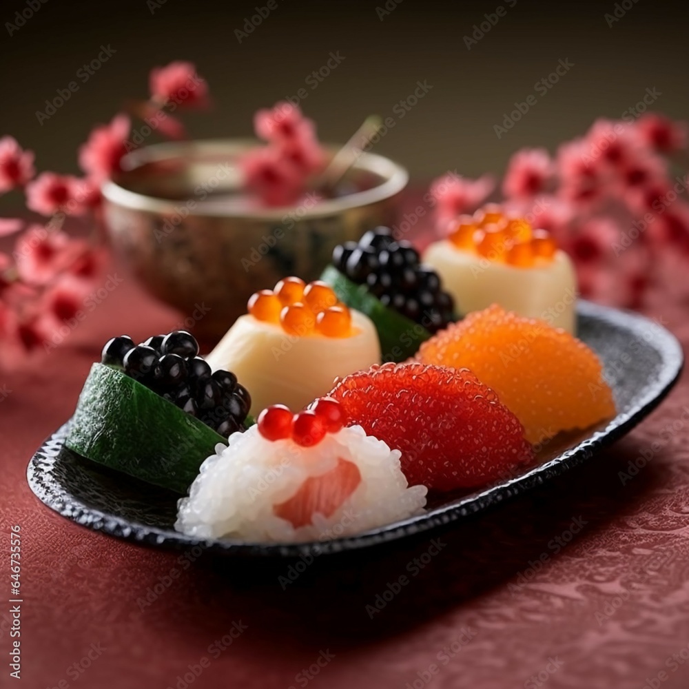 a plate of tobiko nigiri, featuring flying fish roe that adds a ...