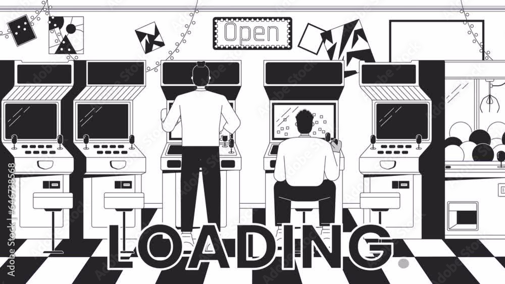 Play arcade machines bw loading animation. Friends gamers arcade ...