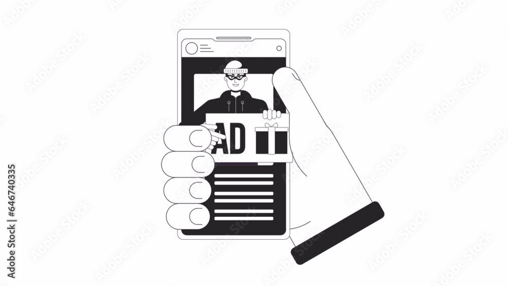 Hand holding phone with click fraud bw outline 2D animation. Get ...