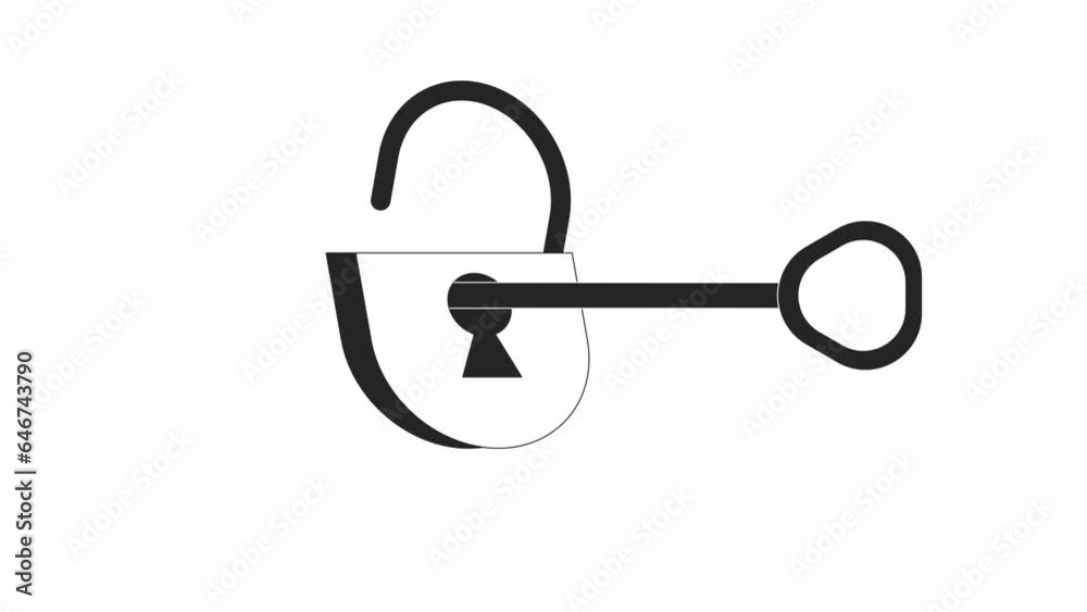 Unlocking lock with key in keyhole bw outline 2D object animation. Open ...
