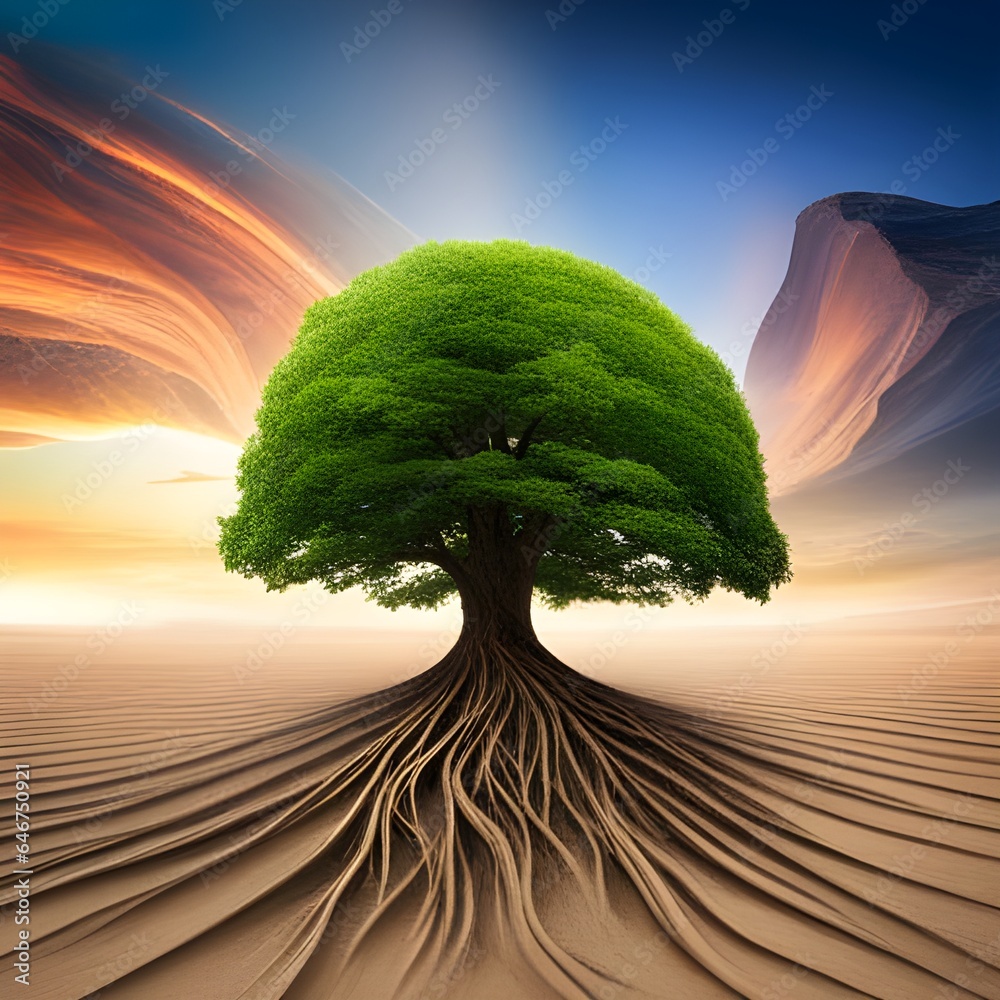 Magnificent giant tree with many visible roots and branches with green ...