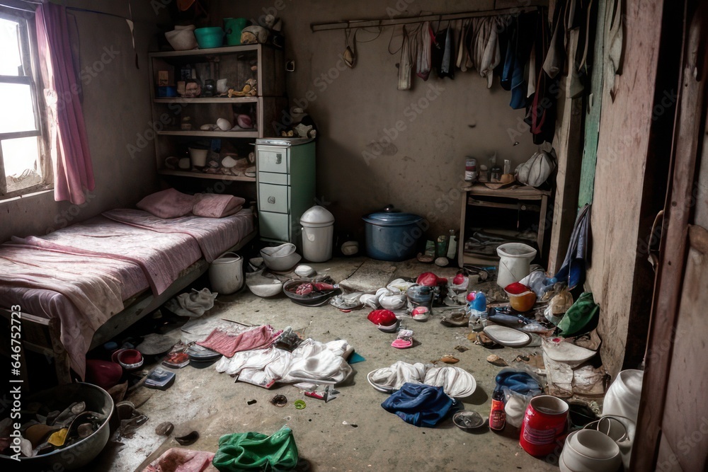 Room in a slum with a dirty bed with a pillow and a blanket, pots ...