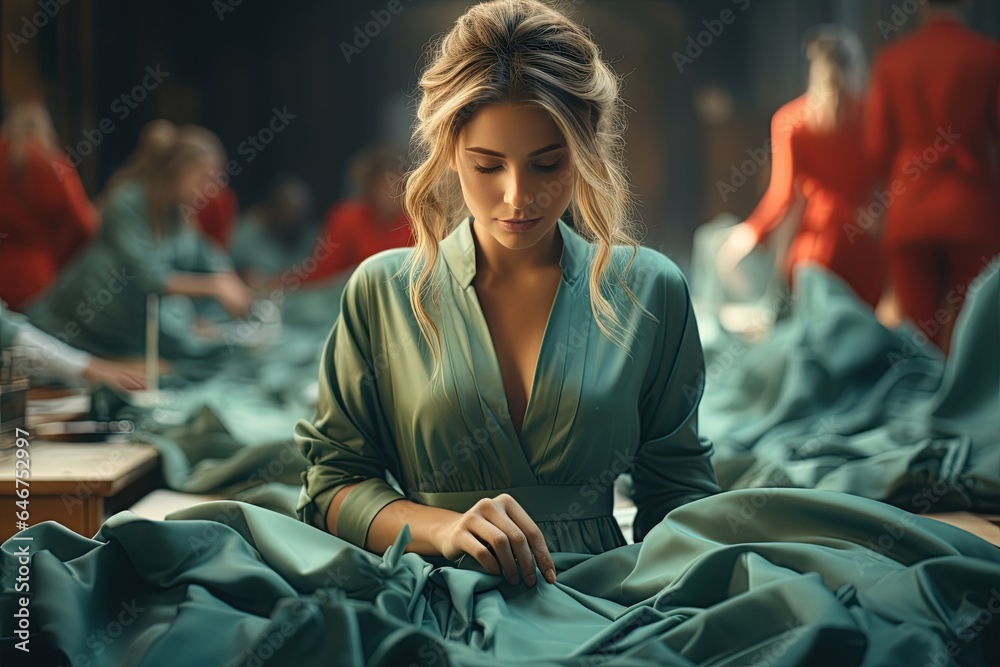 Sweatshop Seamstress: A seamstress works diligently in a textile ...