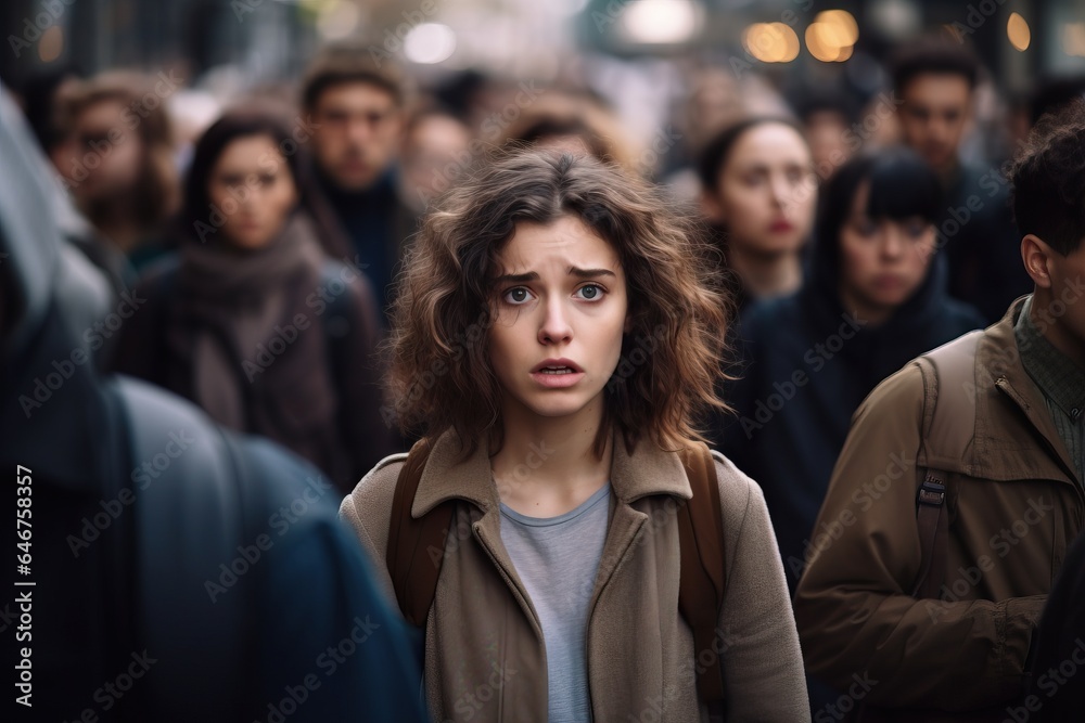 Stockfoto Panic attack in public place. Woman having panic disorder in ...