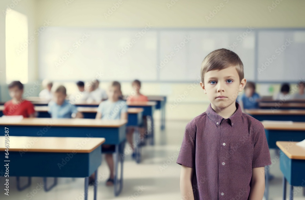 Sad child at school classroom. Generate Ai Stock Photo | Adobe Stock