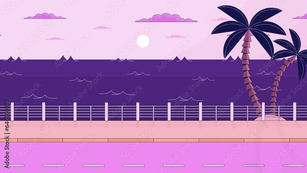 Dusk roadside seascape with palm trees cartoon animation. Twilight ...