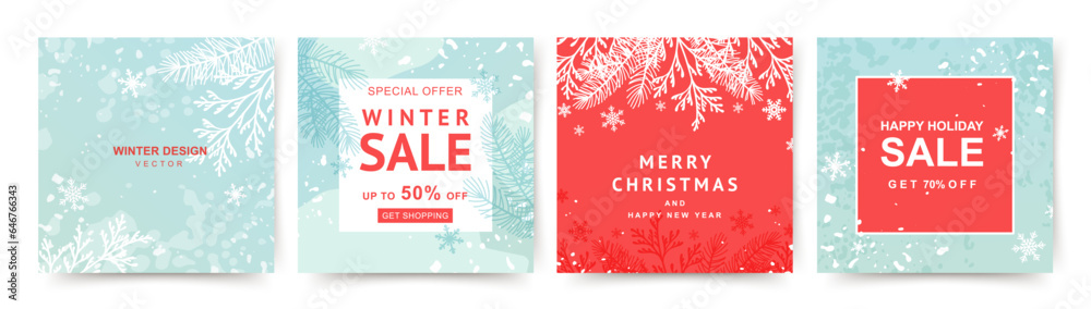 Winter holidays square banner templates with Christmas tree branches ...