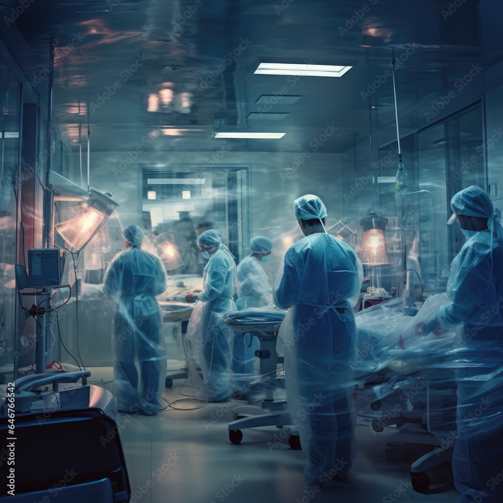 Blurred background with a team of doctors at work in an operating room ...