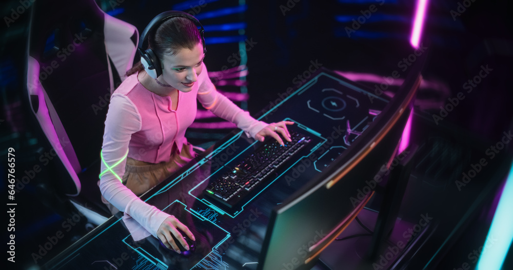 Young Woman Wearing Futuristic Pink Clothes and Neon Rings, Playing ...