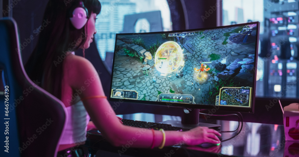 Excited Japanese Cosplay Girl Playing Online eSports Championship on a ...