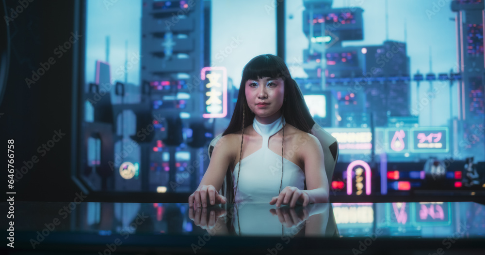 Stylish Japanese Young Woman Interacting with Augmented Reality ...