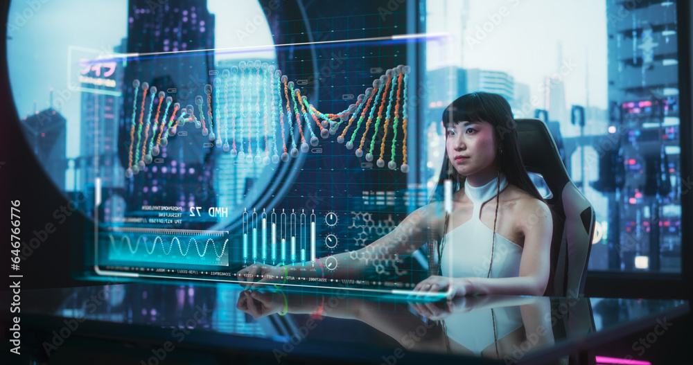 Stylish Japanese Young Woman Interacting with an Augmented Reality ...