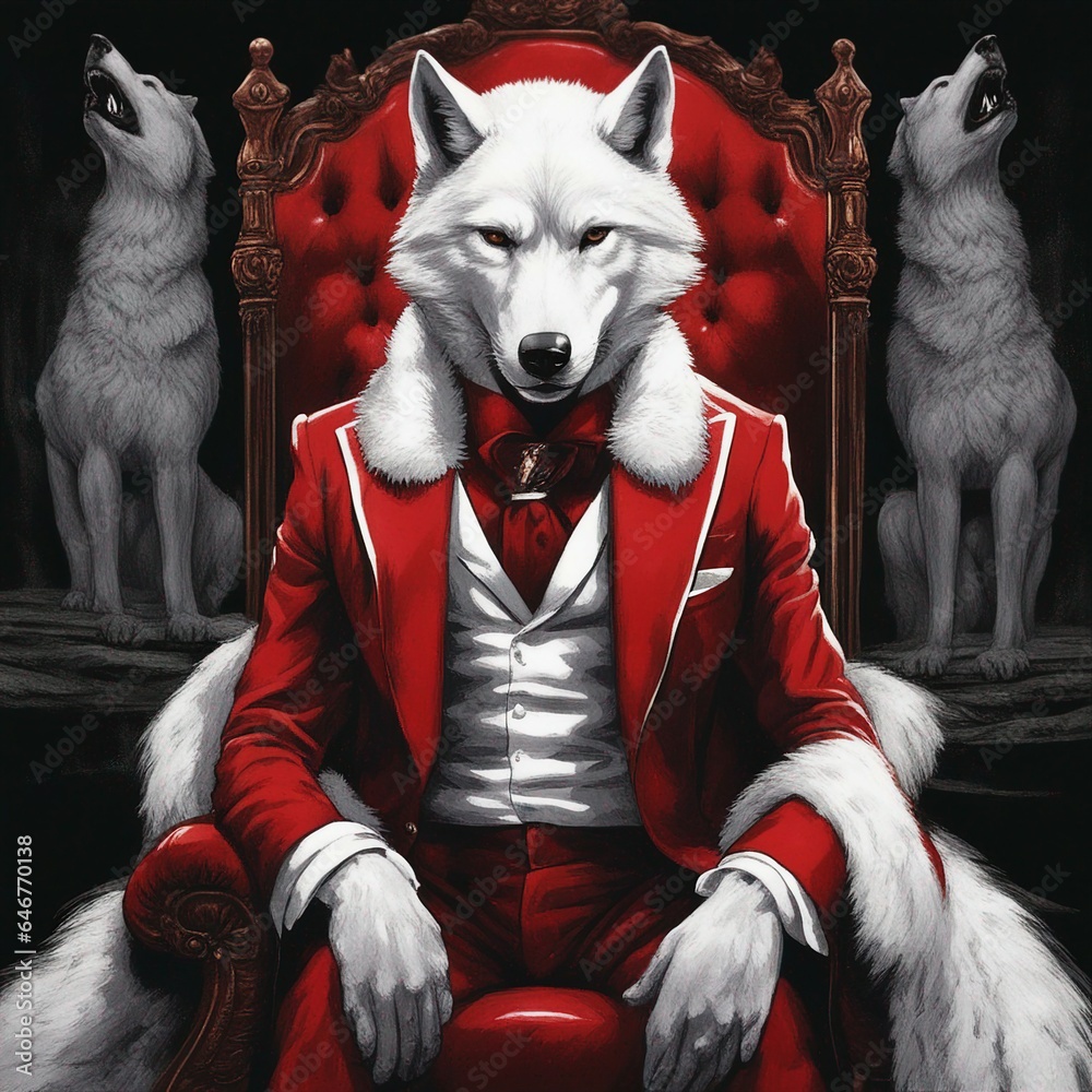 a white anthropometric wolf mafia boss sitting on a throne, wearing a ...