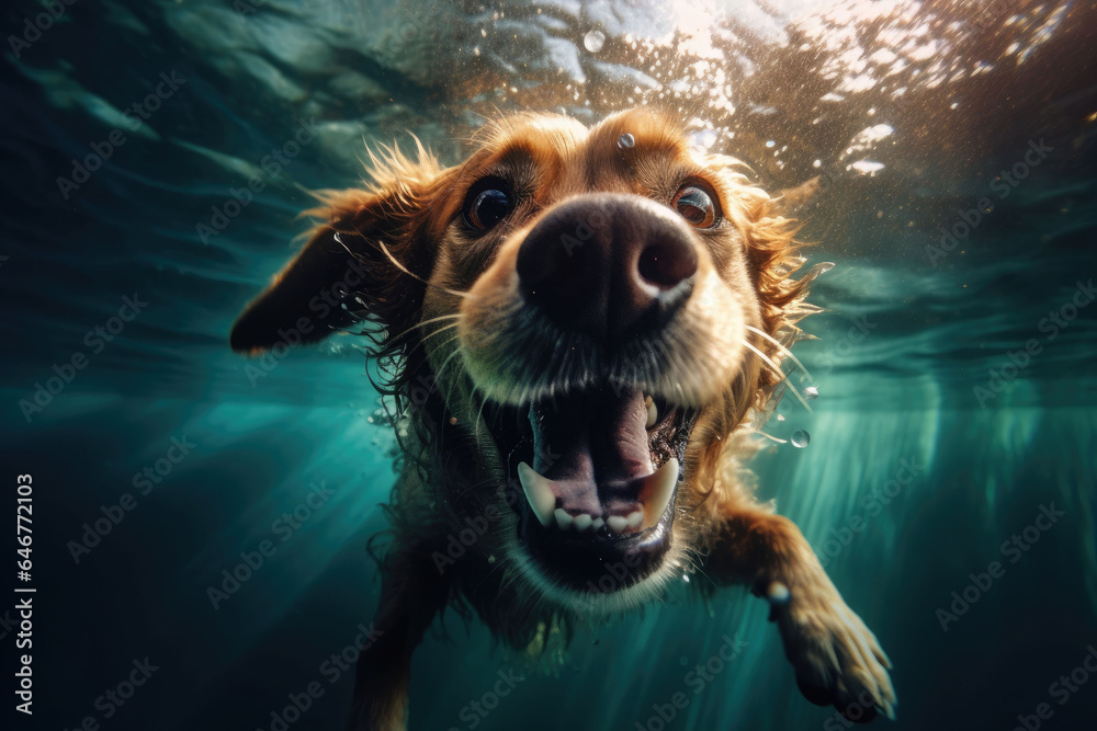 Underwater funny photo of dog, dive deep down. Summer vacation with pet ...