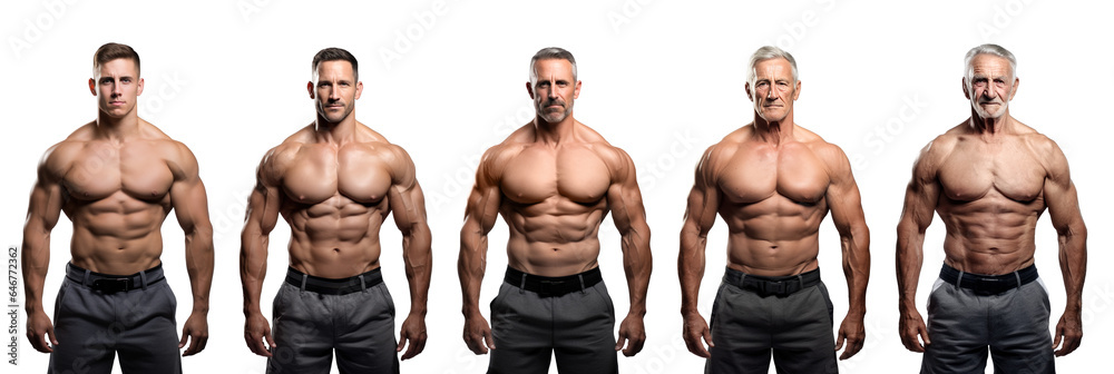 Muscular athletic man aging from young to middle-aged to old senior ...