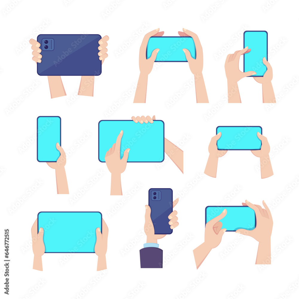 Hands holding digital devices vector illustrations set. People using ...