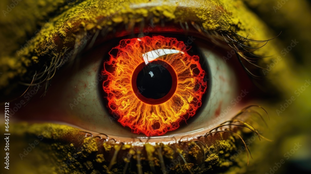 Surreal creepy green moss covered eye of the forest, nature watches ...