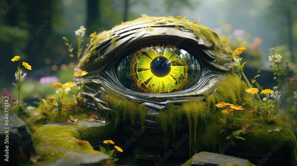 Surreal creepy green moss covered eye of the swamp, nature watches, eye ...