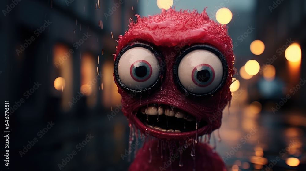 Cute but lost alien monster stuffed toy with soaking wet red fur and ...